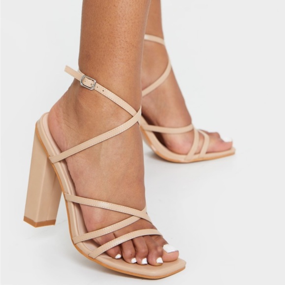 PrettyLittleThing | Shoes | Nude Chunky Heel Strappy Square Toe Heeled ...